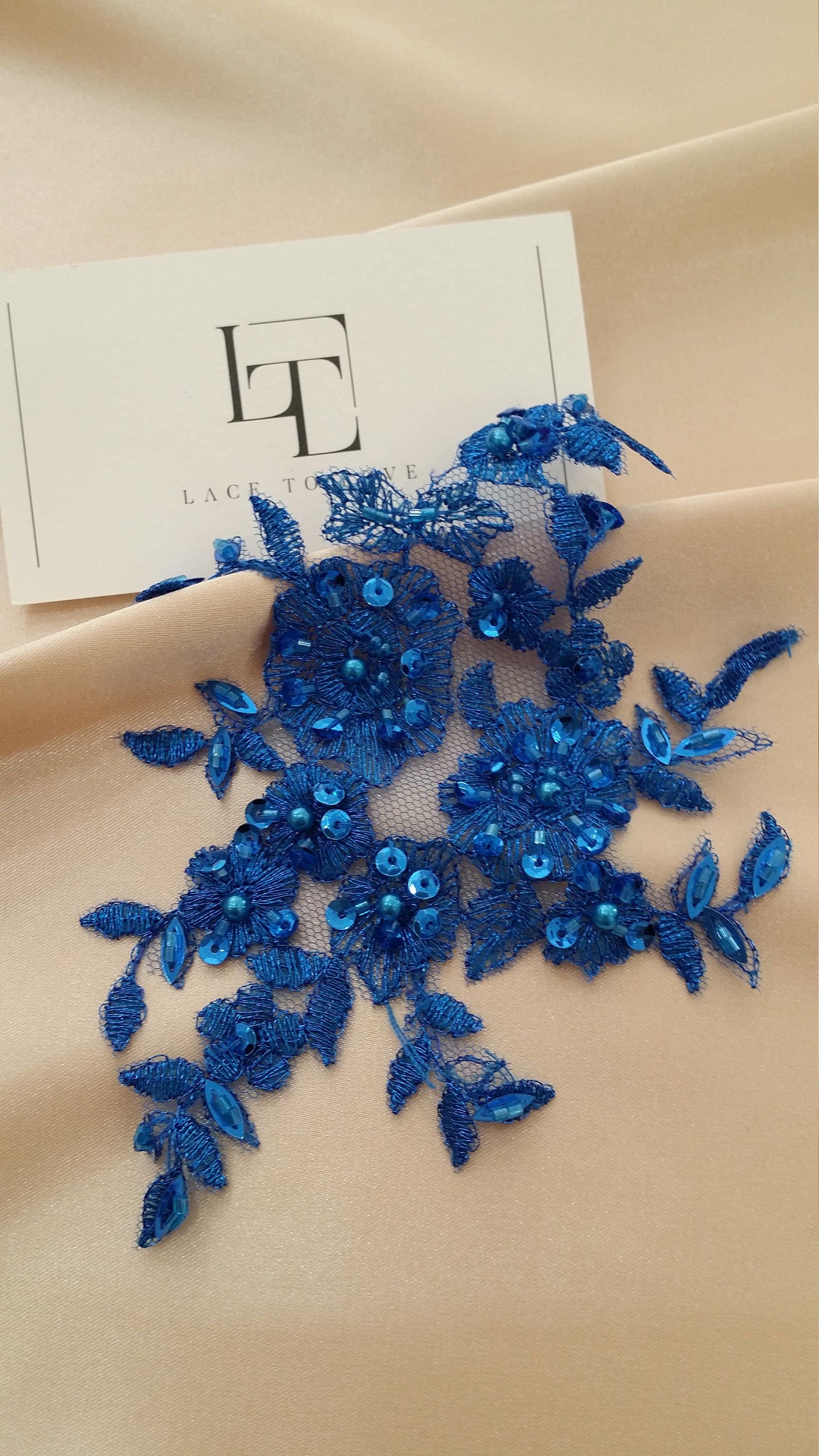 Blue Applique, Beaded Lace Applique, French Chantilly Lace Applique, 3D ...