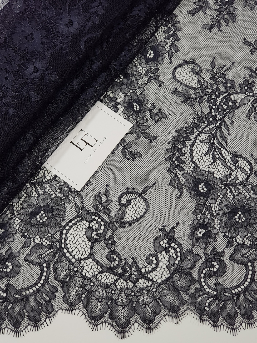 Navy Blue Lace Fabric, Chantilly Lace Evening Dress Lace Scalloped ...