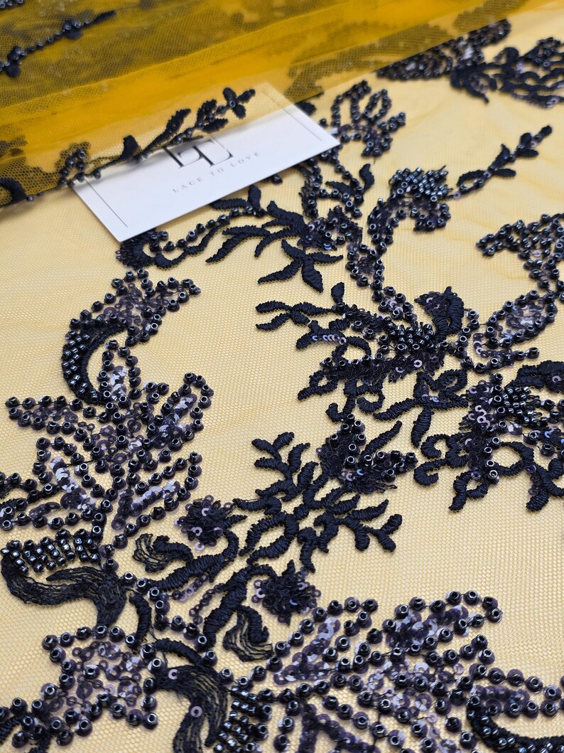Luxury Navy Blue Lace Fabric by the Yard. Embroidered Beaded French ...