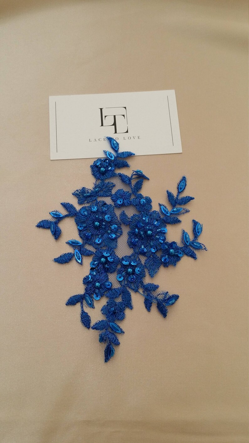 Blue Applique, Beaded Lace Applique, French Chantilly Lace Applique, 3D ...