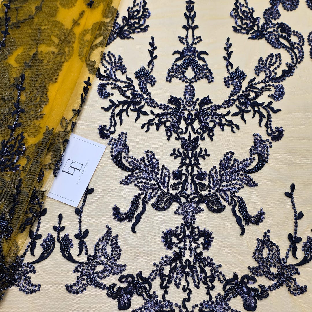 Luxury Navy Blue Lace Fabric by the Yard. Embroidered Beaded French ...