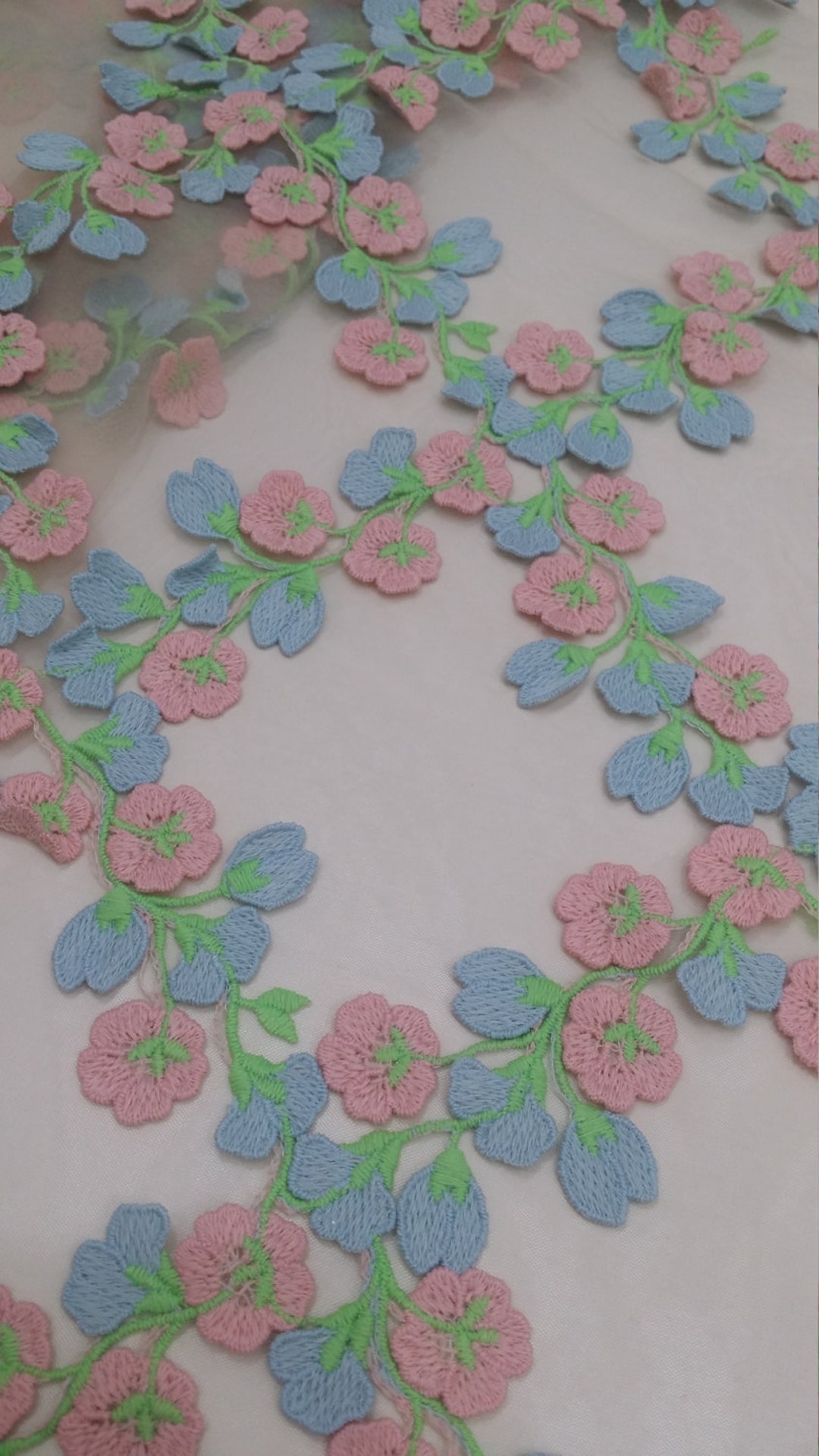 3D Flowers Embroidery Fabric, Beige With Pink Blue 3D Flowers Material ...