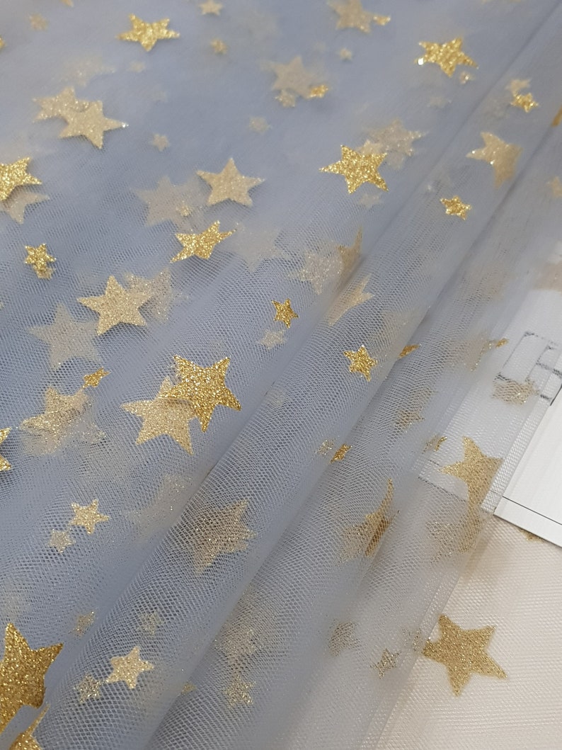 Light Blue With Gold Stars Tulle Fabric, Lingerie Tulle Fabric, Evening ...