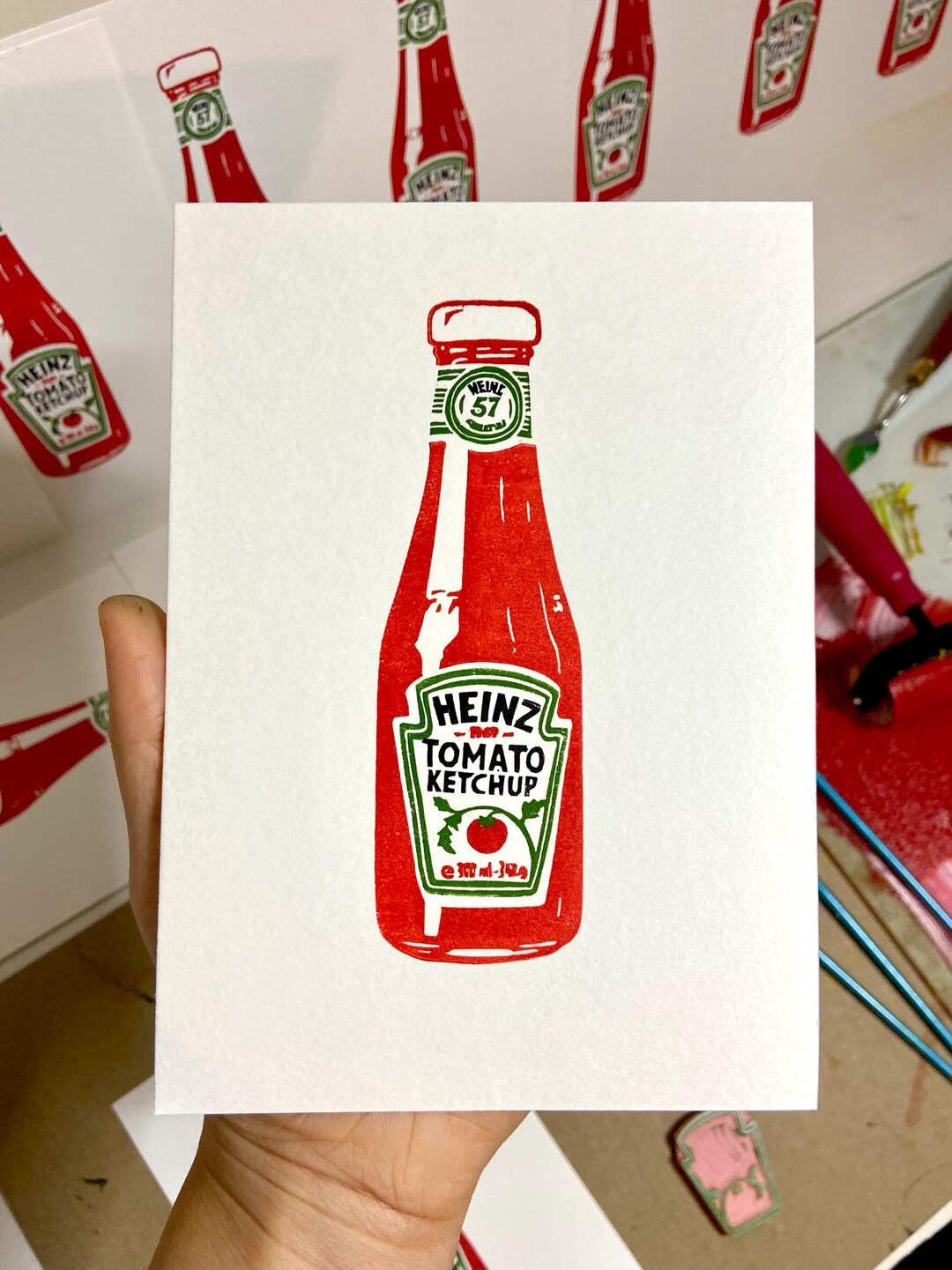 Heinz Ketchup Block Print | Heinz Ketchup Linocut | Food Art | Kitchen ...