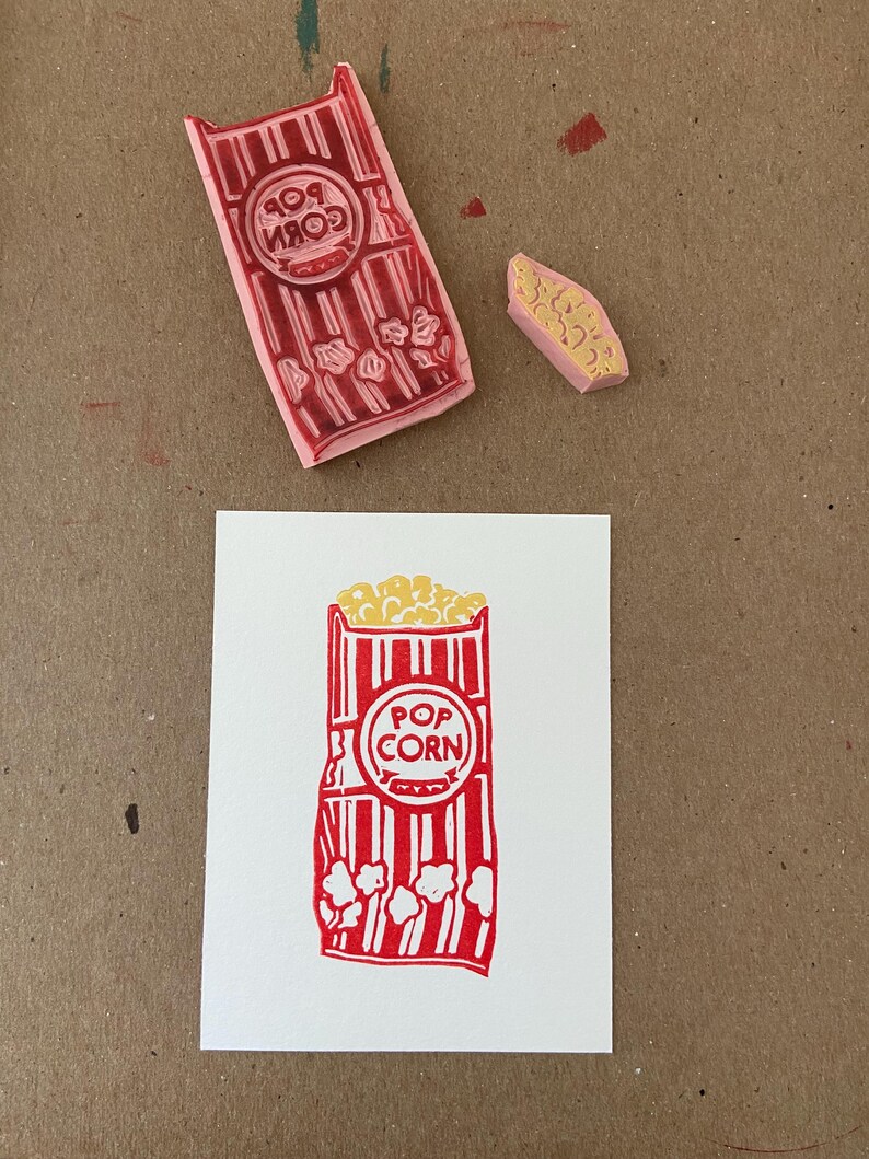 Popcorn Block Print. Food Wall Art. Kitchen Decor. Original Linocut ...