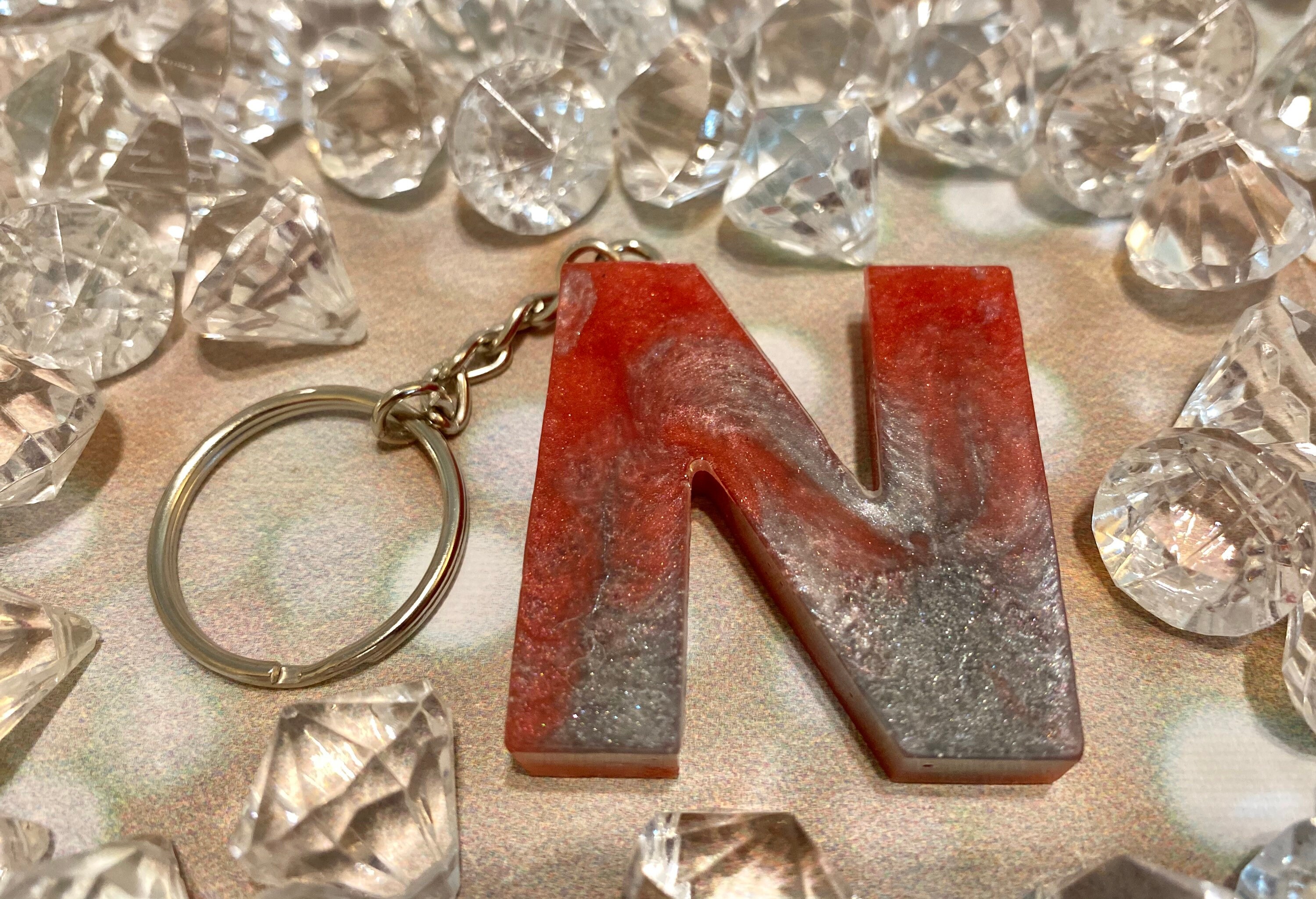 Resin Letter N Keychain Alcohol Ink Mica Red Silver | Etsy