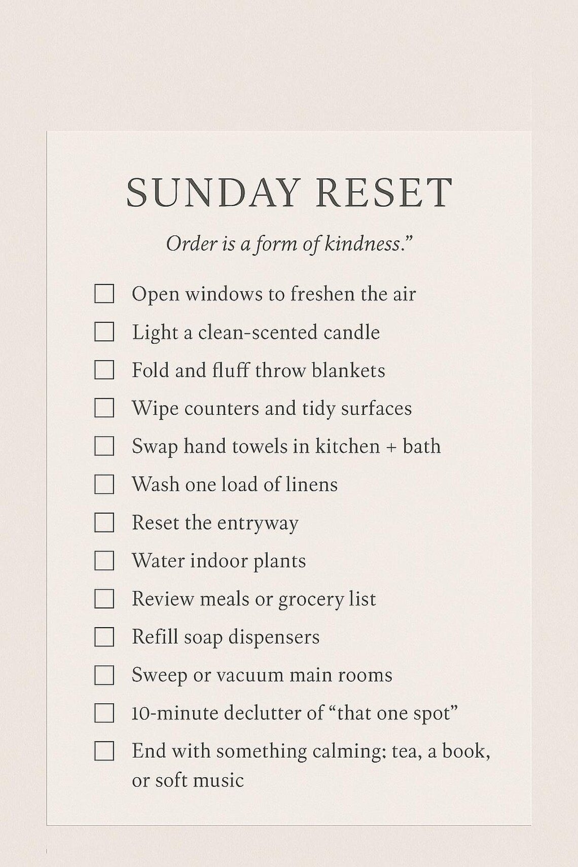 Sunday Reset Printable Checklist – Minimalist Planner Template, Digital ...