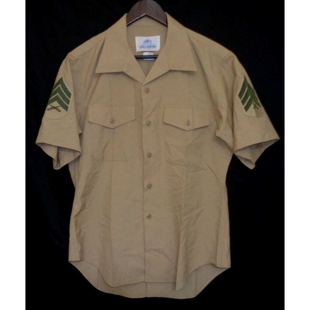 USMC Military Khaki Tan Short Sleeve Sz 16 Mens Button Down Shirt Wool ...