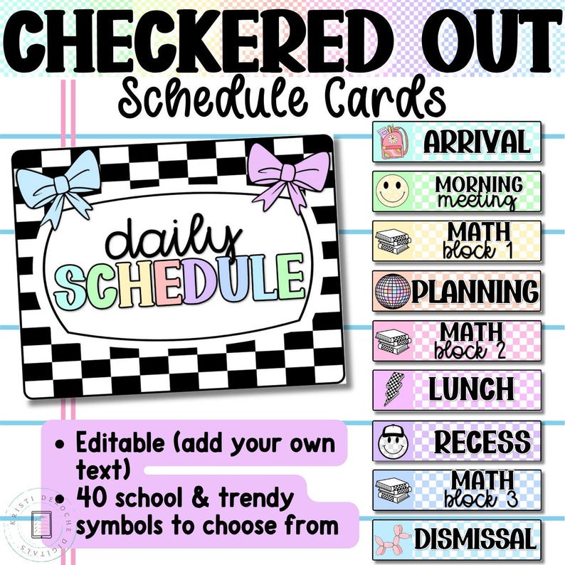 Class Schedule Cards for Calm Checkered Pastel Classroom Decor, Pastel ...