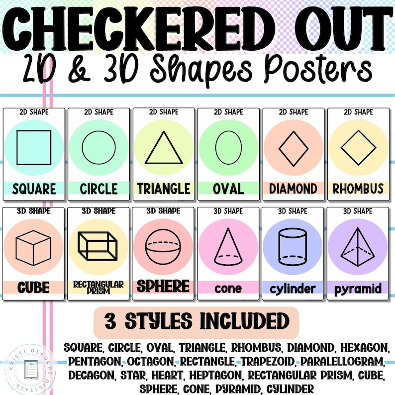 2D and 3D Shape Posters for Calm Checkered Pastel Classroom Decor ...