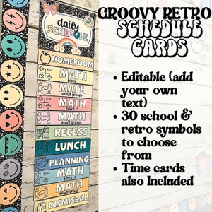 Class Schedule Cards, Retro Groovy Classroom Decor, Editable Schedule ...