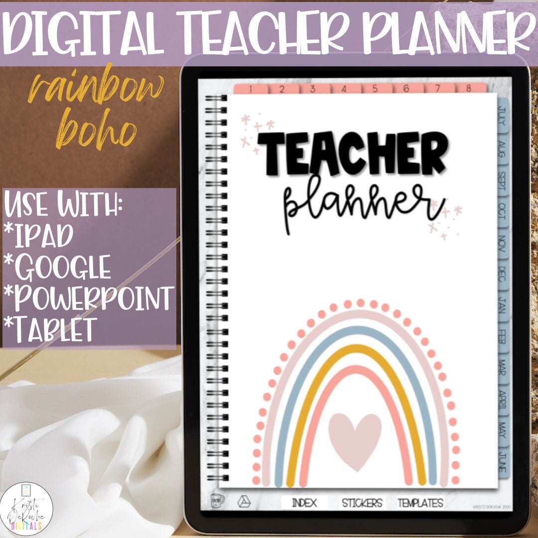 Digital Teacher Planner | Edit on Ipad, Tablet, Google | Boho Rainbow ...