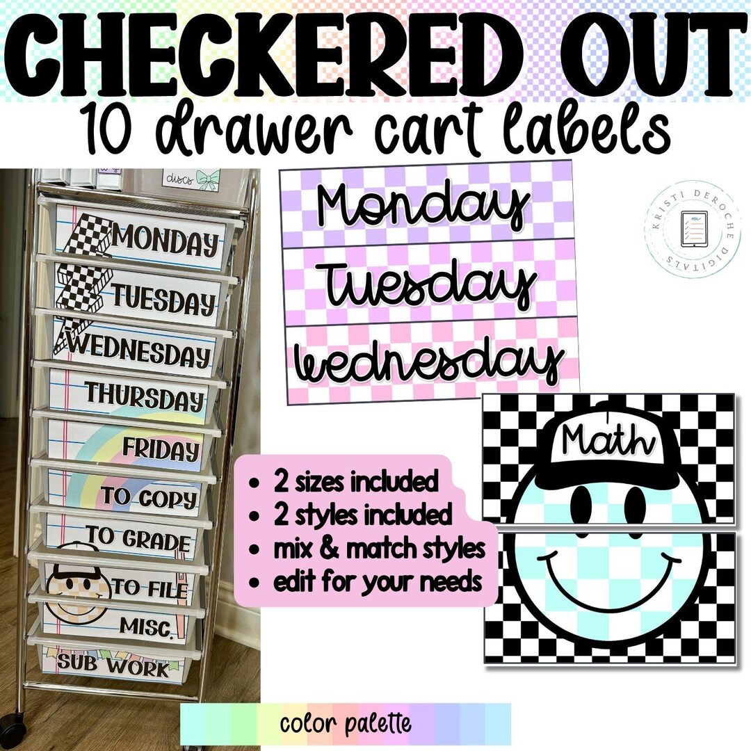 10 Drawer Cart Labels for Checkered Out Classroom Decor Pastel ...