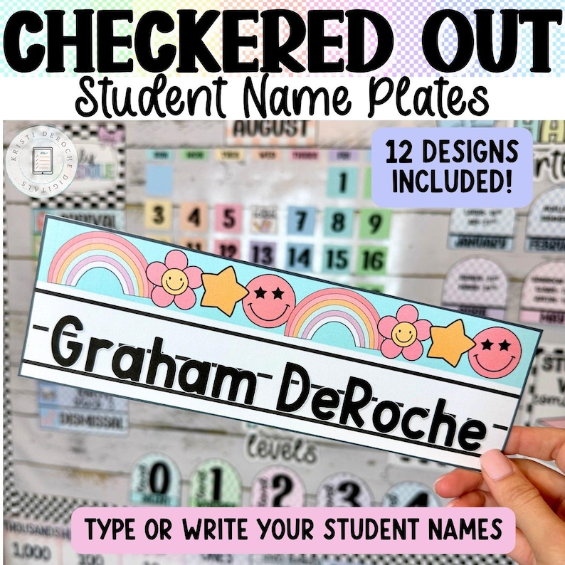 Student Name Plates Tags for Calm Checkered Out Classroom Decor Pastel ...