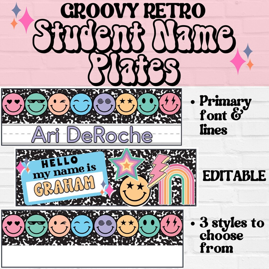 Student Name Plates, Retro Groovy Classroom Decor, Classroom Printables ...