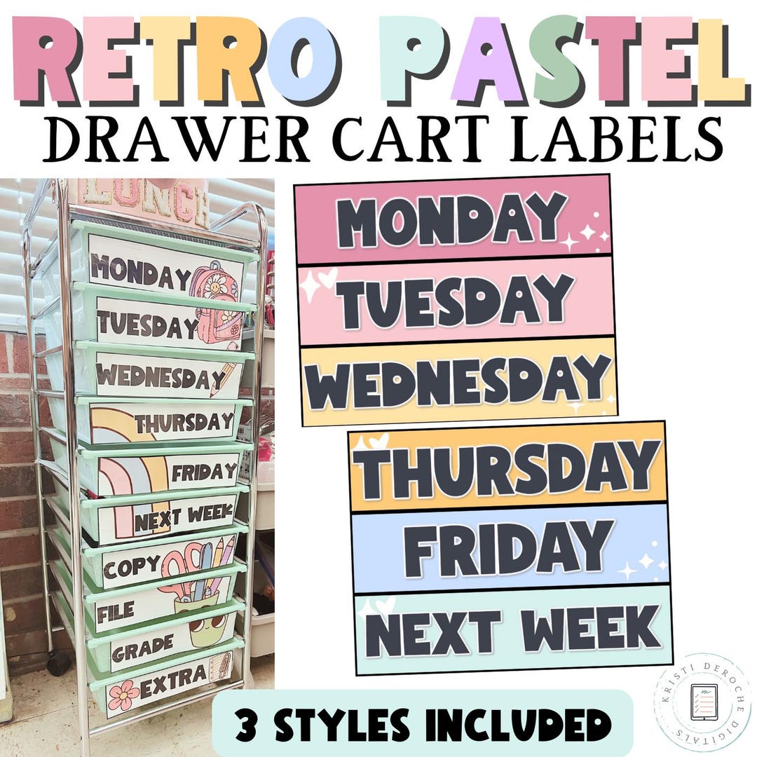 10 Drawer Cart Labels for Calm Retro Pastel Classroom Decor Pastel ...