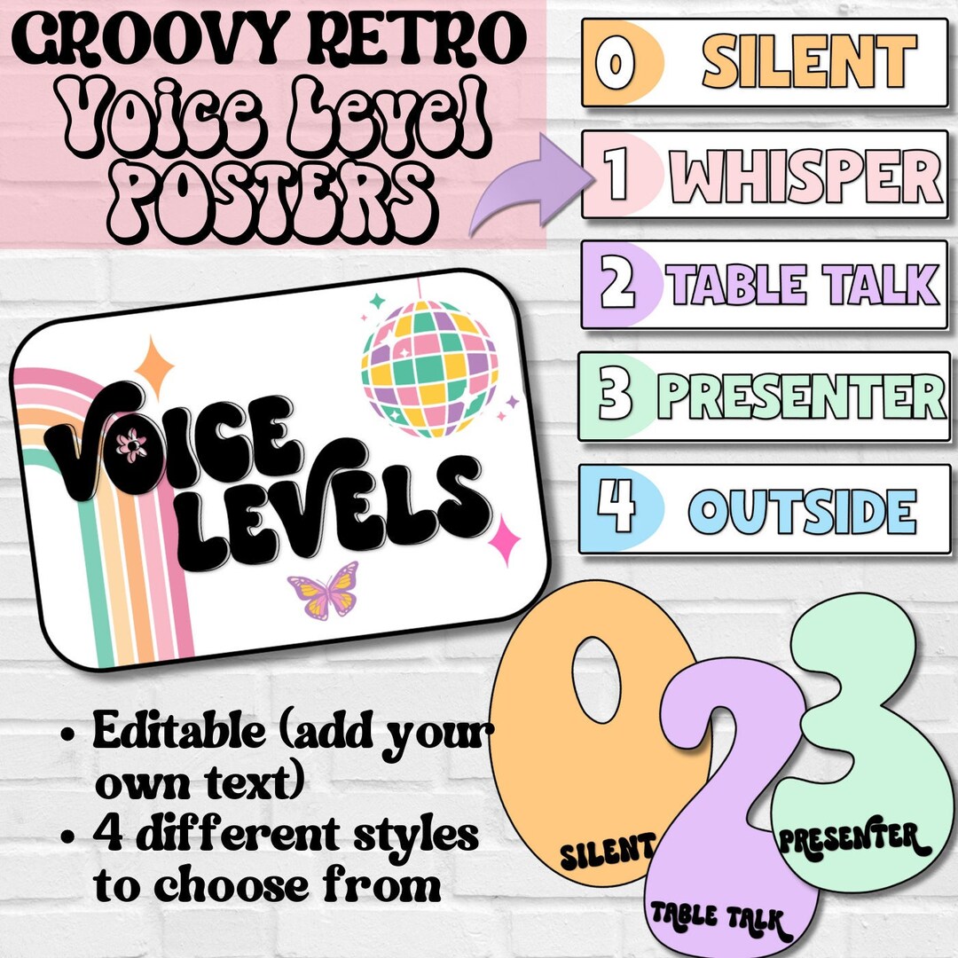 Voice Level Posters, Retro Groovy Classroom Decor, EDITABLE Voice ...
