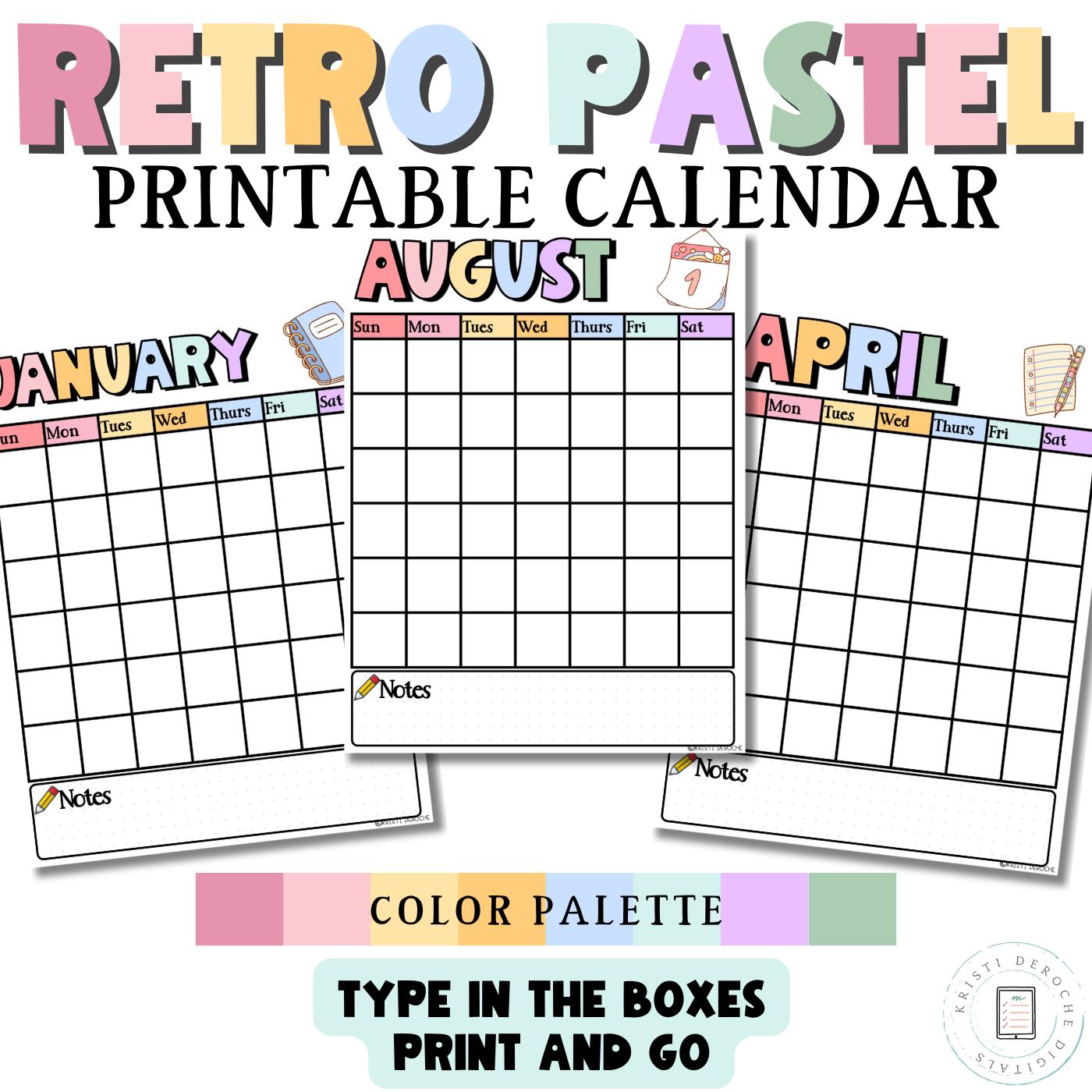 Printable Calendar, Retro Pastel Classroom Decor Pastel Classroom Theme ...
