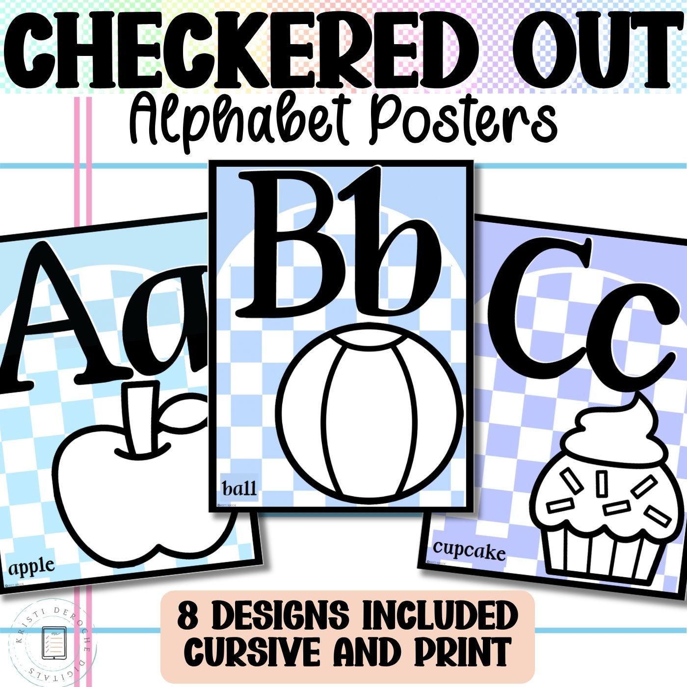 Alphabet Posters Print & Cursive for Calm Checkered Pastel Classroom ...