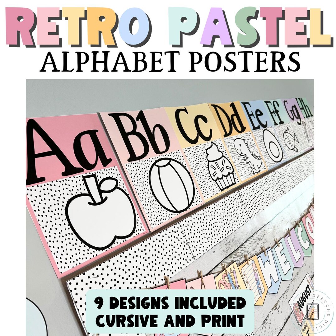 Alphabet Posters Print & Cursive for Calm Retro Pastel Classroom Theme ...