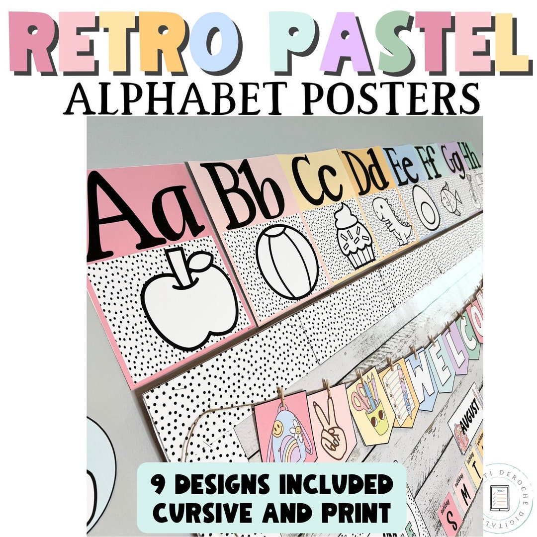 Alphabet Posters Print & Cursive for Calm Retro Pastel Classroom Theme ...