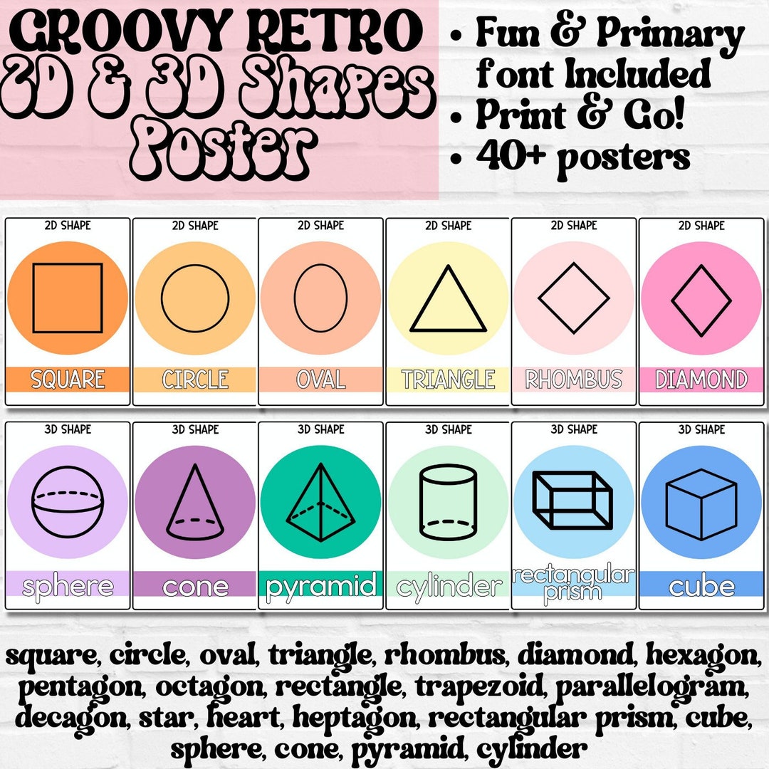 2D and 3D Shape Posters, Retro Groovy Classroom Decor, 2D 3D Shapes ...