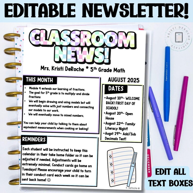 Checkered Classroom Newsletter Template, Editable Newsletter, Back to ...