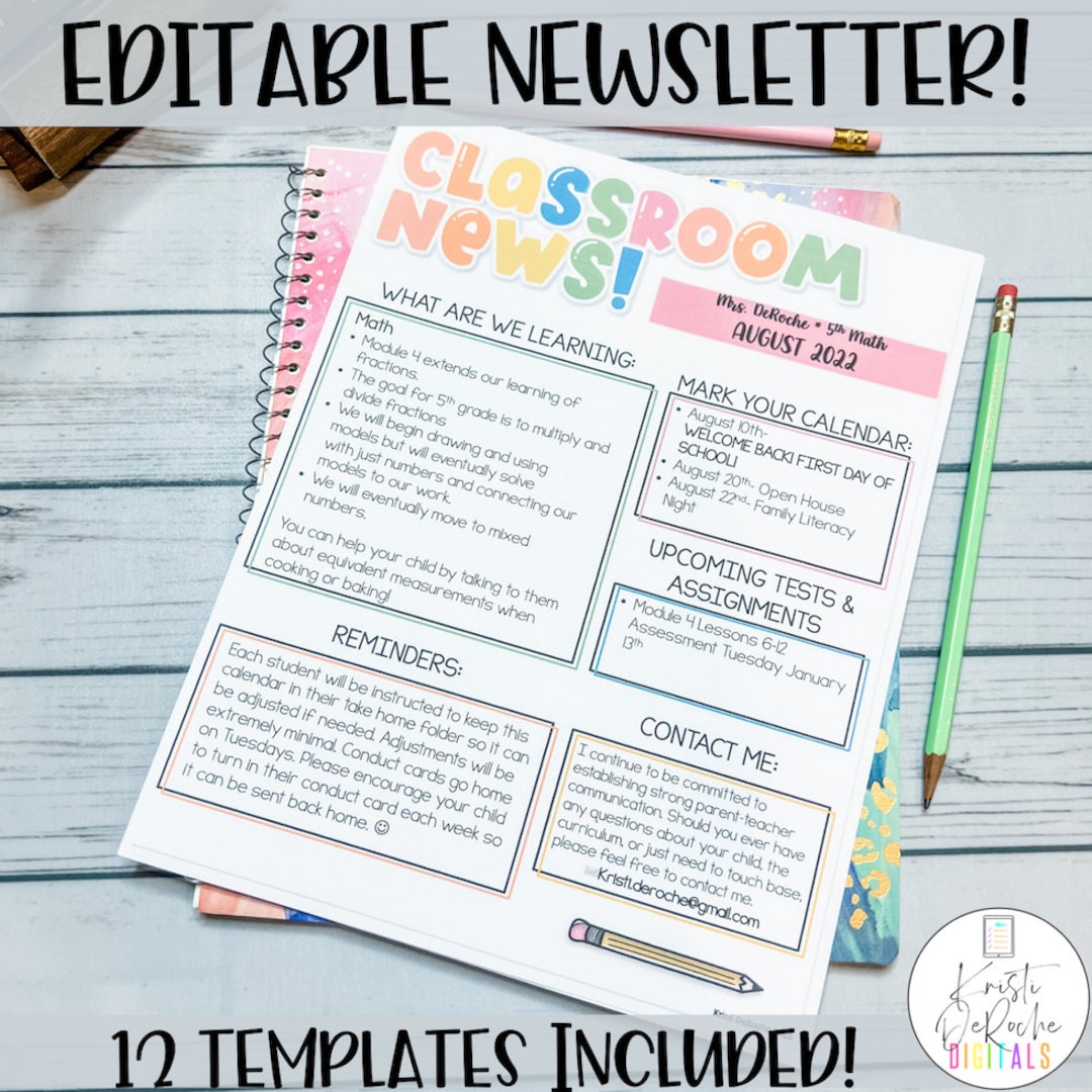 Classroom Newsletter Template, Editable Newsletter, Back to School ...