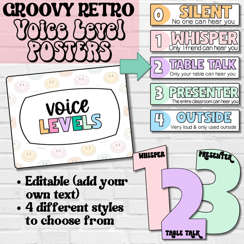 Voice Level Posters, Retro Groovy Classroom Decor, EDITABLE Voice ...