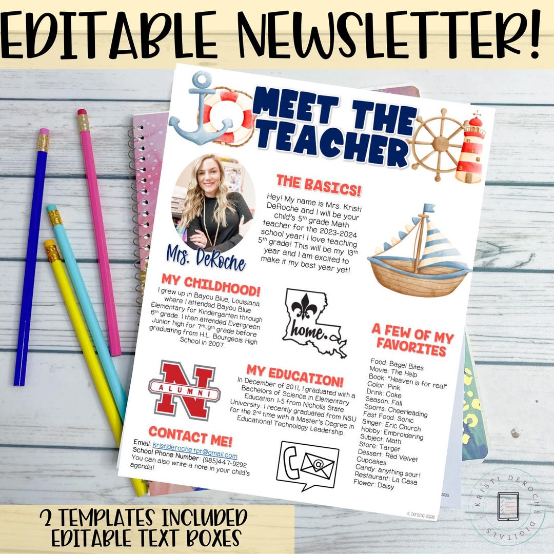 Meet the Teacher Newsletter Template Nautical, Editable Newsletter ...