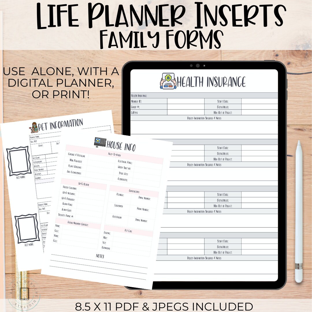 Digital Planner Inserts - Family Forms, Birthdays, Health Information ...