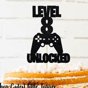 Level 8 Unlocked Cake Topper, Glitter Cake Topper, Gamer Cake Topper ...