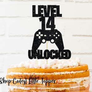 Level 14 Unlocked Cake Topper, Glitter Cake Topper, Gamer Cake Topper ...