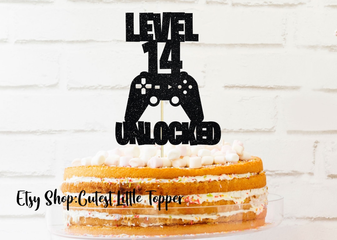 Level 14 Unlocked Cake Topper, Glitter Cake Topper, Gamer Cake Topper ...