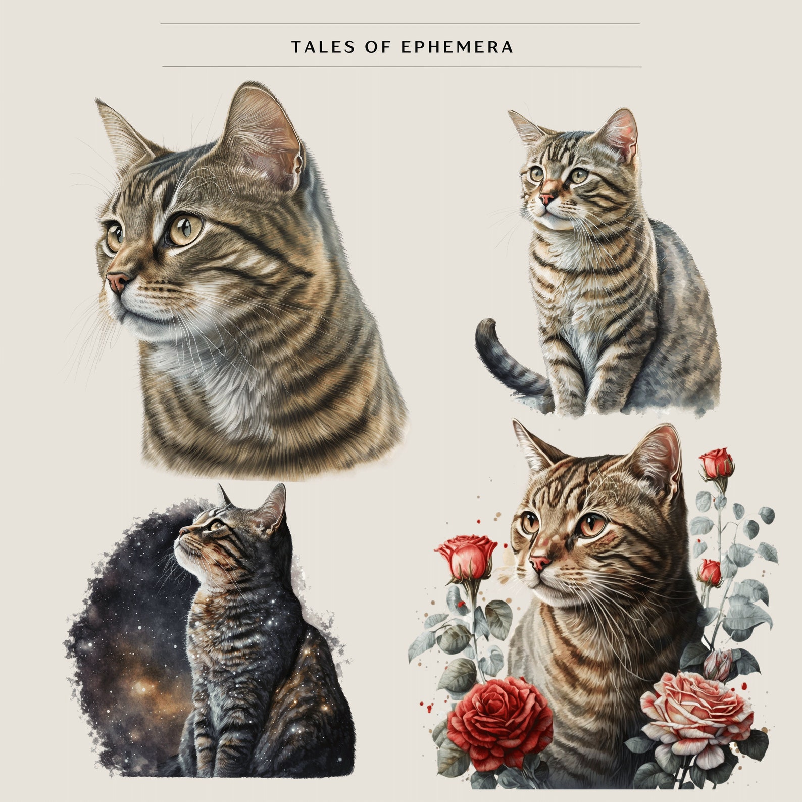 Tabby Cat Clipart Pack Tabby Cat PNG Floral Cat Clipart Full Commercial ...