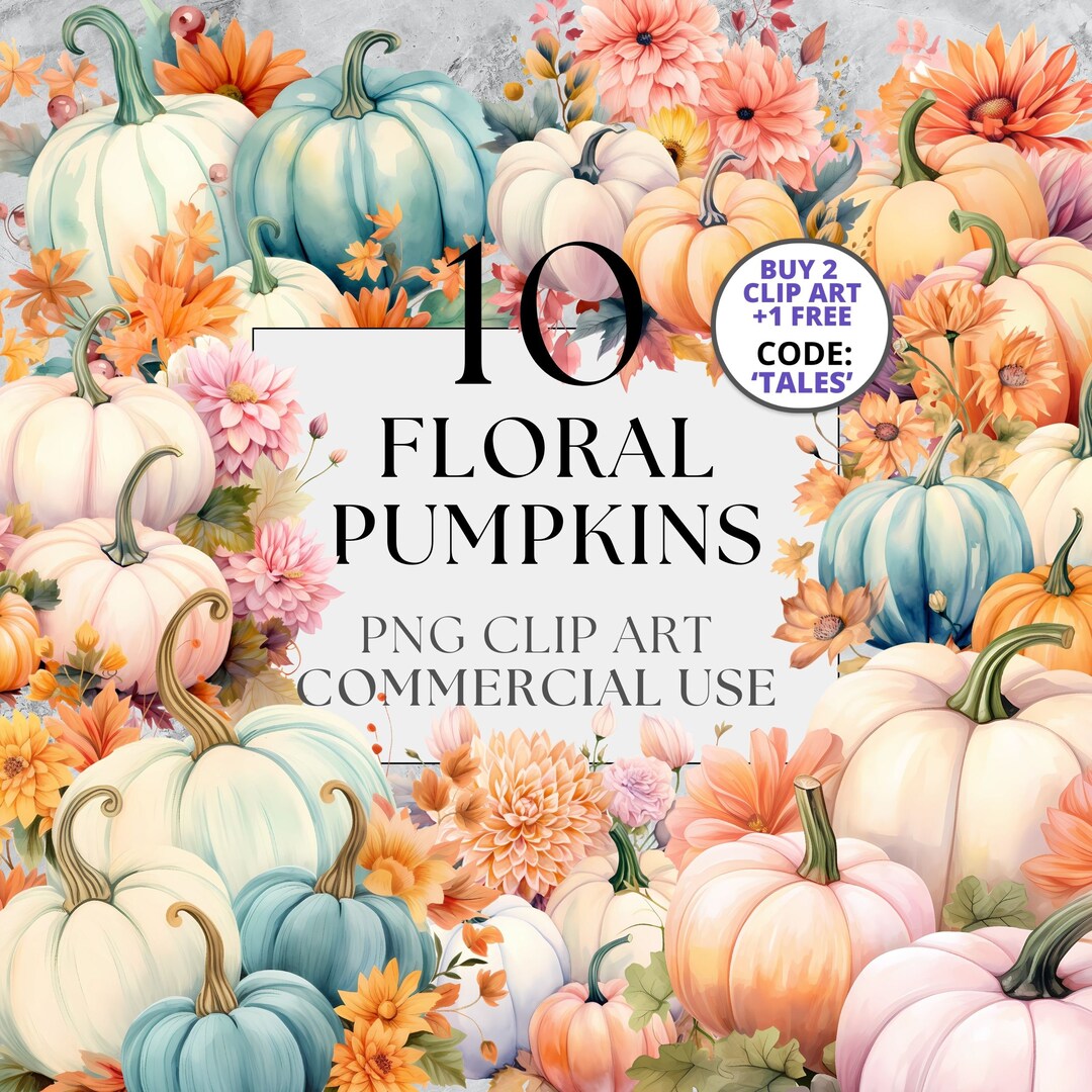 Floral Pumpkin Clipart, Fall Autumn Pumpkins Pastel Multicolor PNG ...