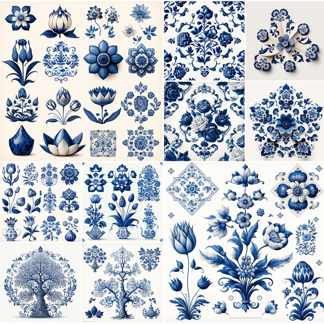 Delft Blue Flower Patterns & Cutouts | Digital Paper | Printable ...