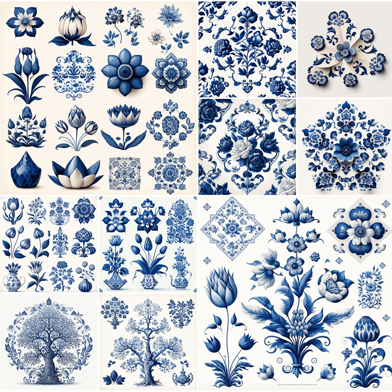 Delft Blue Flower Patterns & Cutouts | Digital Paper | Printable ...