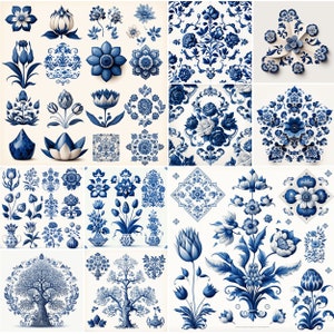 Delft Blue Flower Patterns & Cutouts | Digital Paper | Printable ...