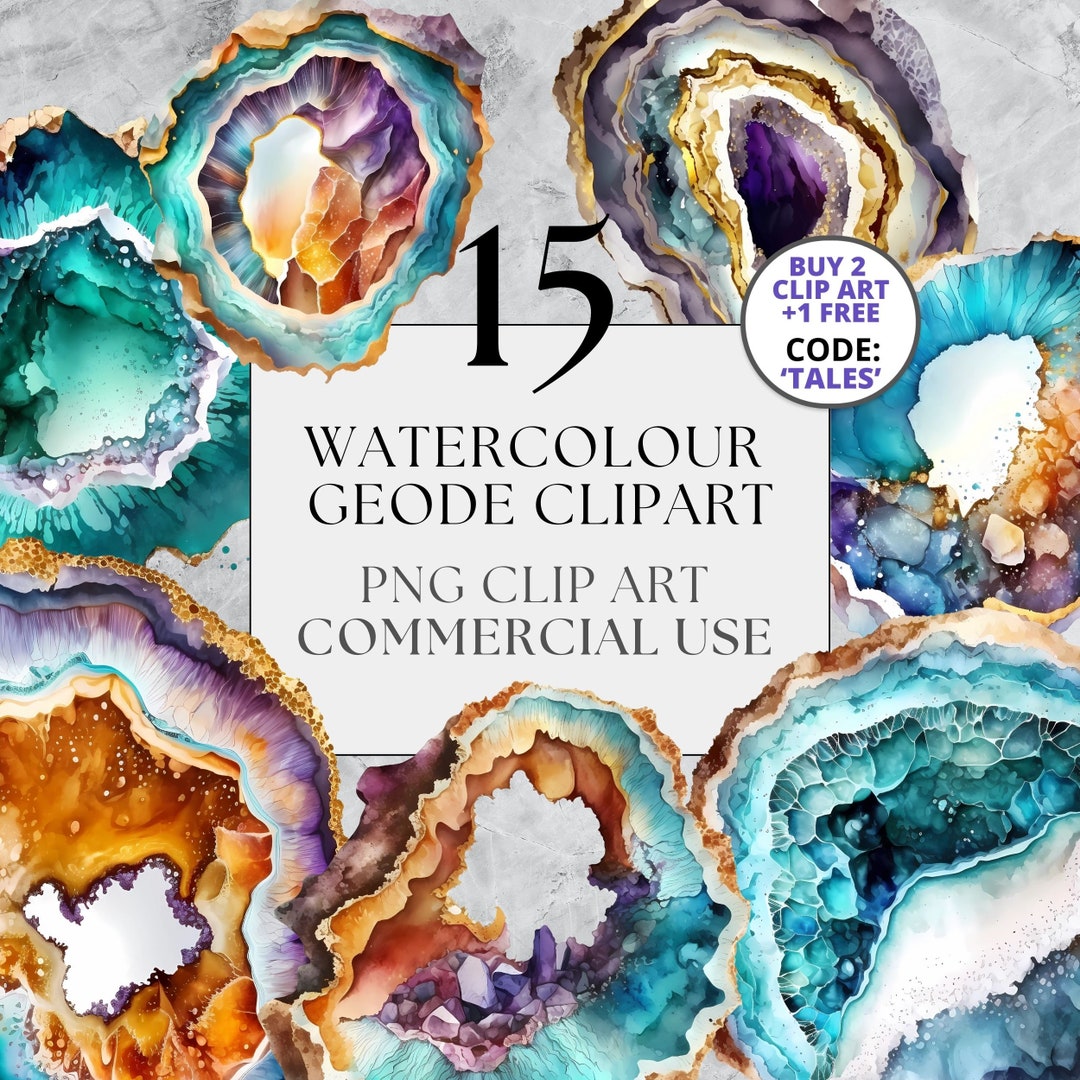 15 Geode Clipart, PNG, Full Commercial Use, Witchy Clipart, Watercolor ...