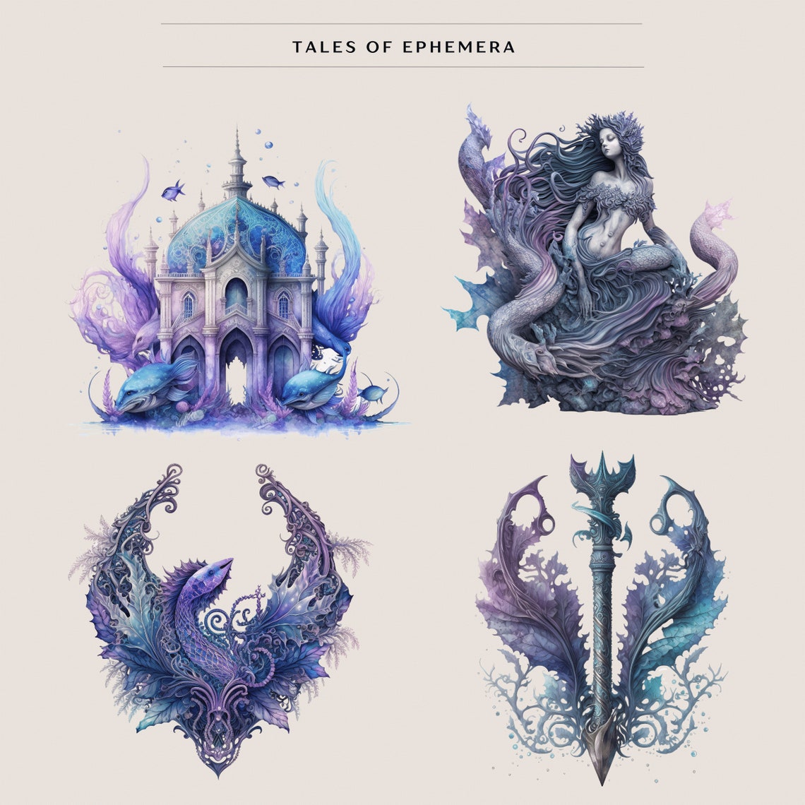 10 Blue & Purple Mermaid Clipart Pack | PNG | Fairytale Clip Art ...