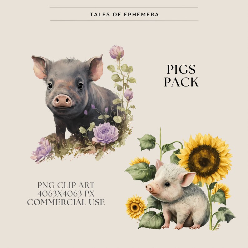 12 Floral Pig Clipart Pack, Piglets, Pigs, Flowers in Transparent PNG ...