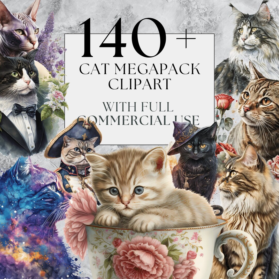 Cat Clipart Bundle Tabby Cat Clipart Tuxedo Cat Floral Cat Clipart ...
