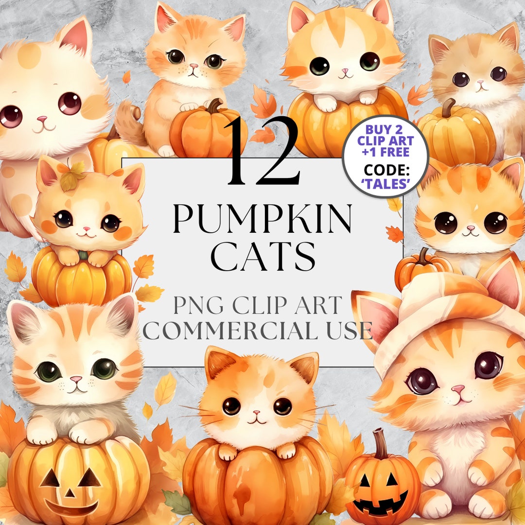 Pumpkin Cats Clipart, PNG, Full Commercial Use, Watercolor Cozy Autumn ...