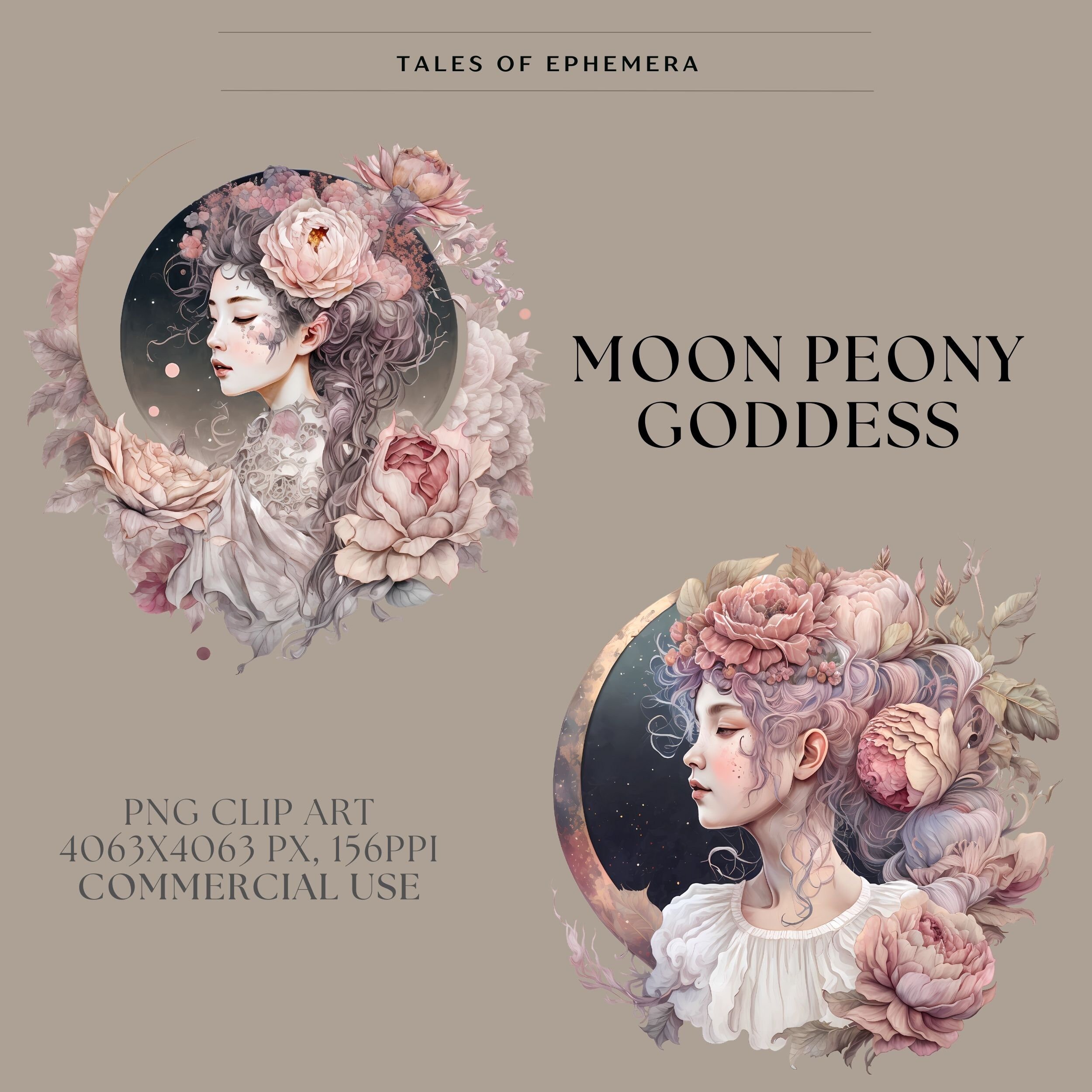 10 Peony Moon Goddess Clipart PNG Full Commercial Use - Etsy