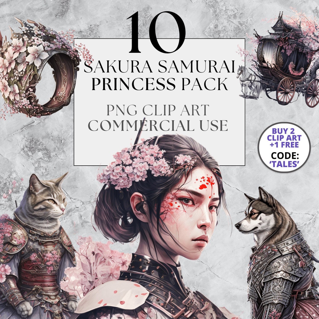 10 Sakura Samurai Princess Clipart Pack | PNG | Fairytale Clipart ...