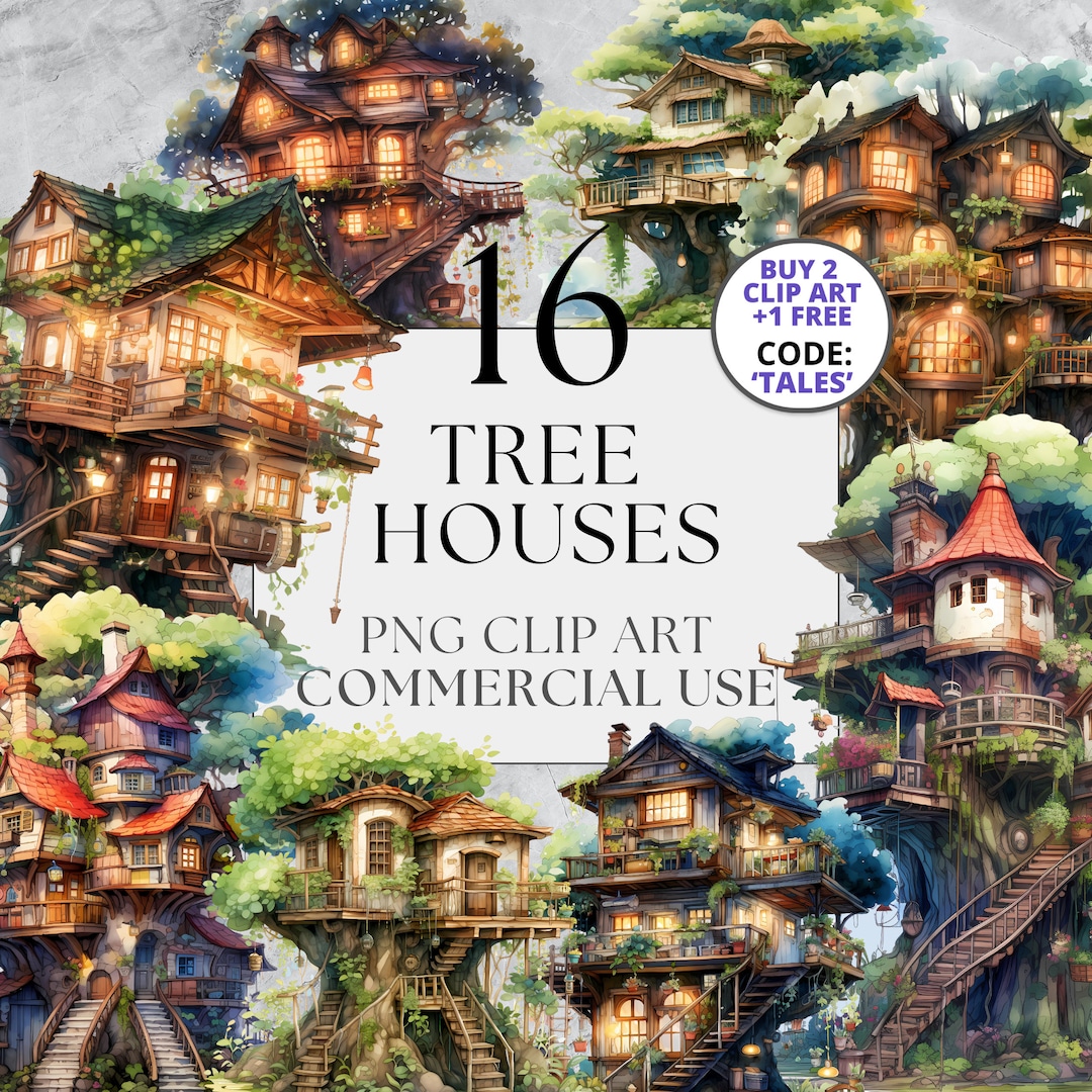 Treehouse Clipart, PNG, Full Commercial Use, Cozy Forest Treehouses ...