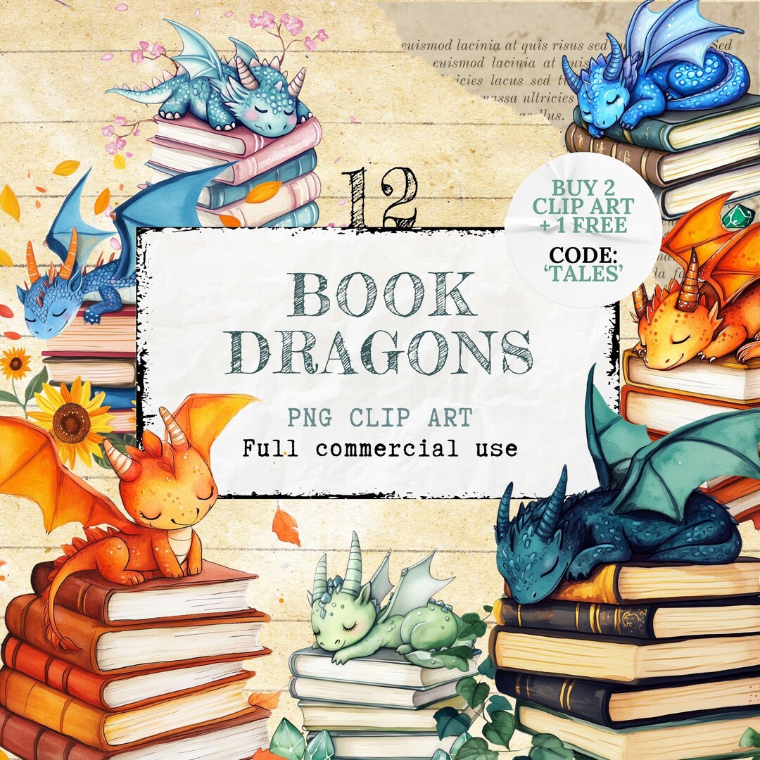 Bookish Dragons Clipart, PNG, Full Commercial Use, Fantasy Book Dragon ...