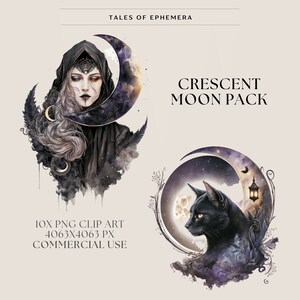 10 Crescent Moon Witch Clipart Pack PNG Gothic Fantasy Clip Art ...