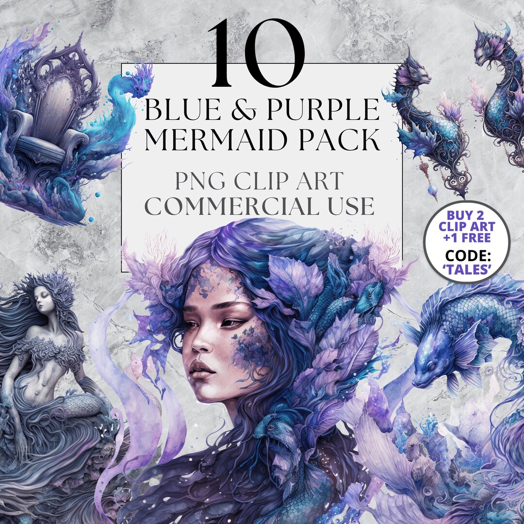 10 Blue & Purple Mermaid Clipart Pack | PNG | Fairytale Clip Art ...